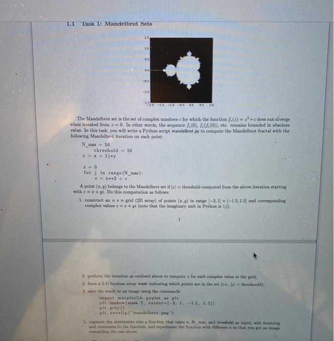 Solved 1.1 Task 1: Mandelbrot Sets 15 10 DD -05 -10 1907-13 | Chegg.com
