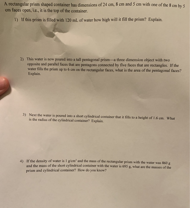 Solved A rectangular prism shaped container has dimensions | Chegg.com