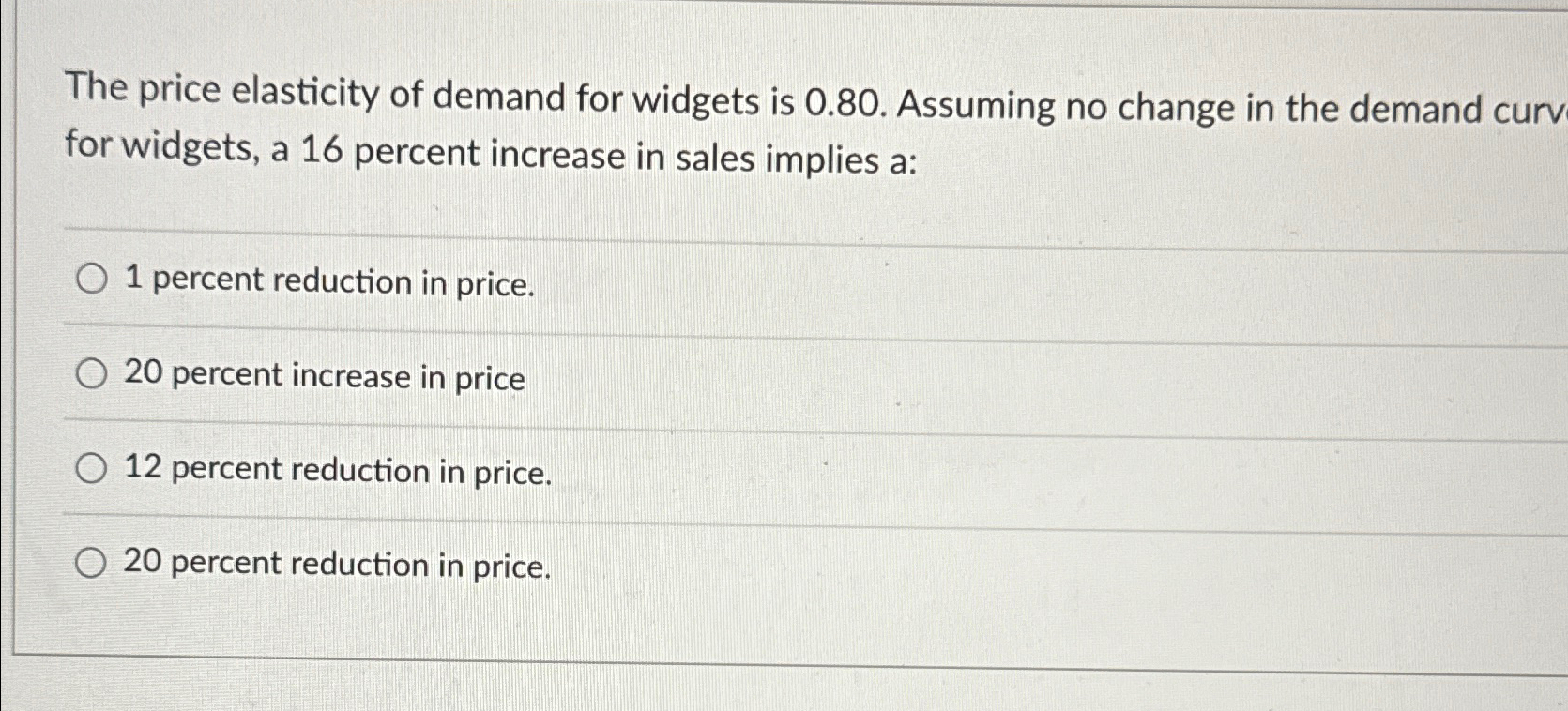 Solved The price elasticity of demand for widgets is 0.80 . | Chegg.com