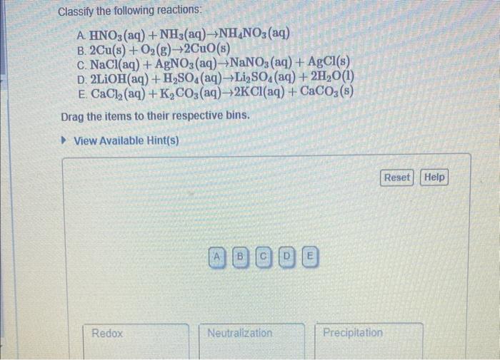 Solved Classify the following reactions: A. | Chegg.com