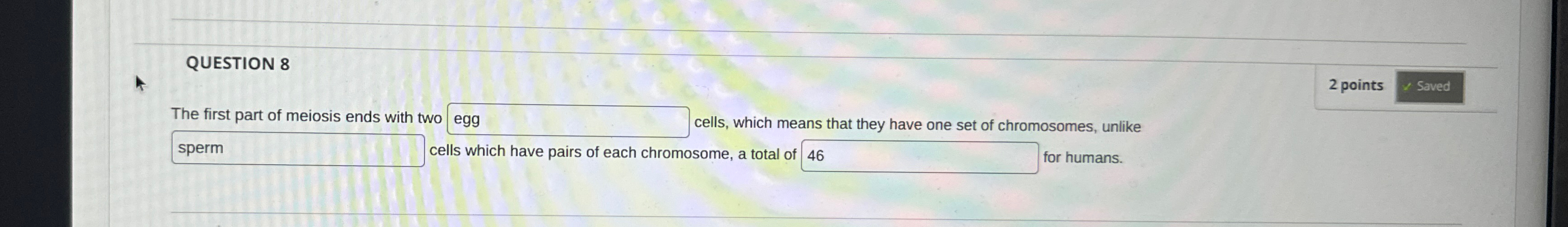 Solved QUESTION 82 ﻿pointsThe first part of meiosis ends | Chegg.com