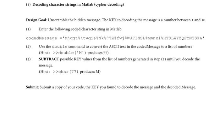 Solved 4 Decoding Character Strings In Matlab Cypher 9098