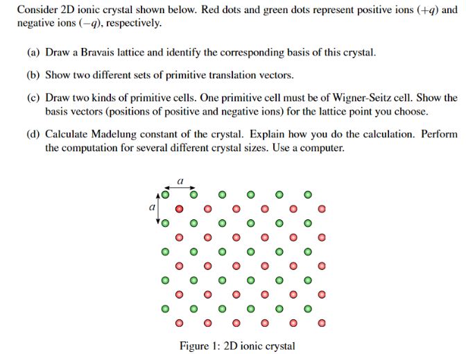 Solved Consider 2D ionic crystal shown below. Red dots and | Chegg.com