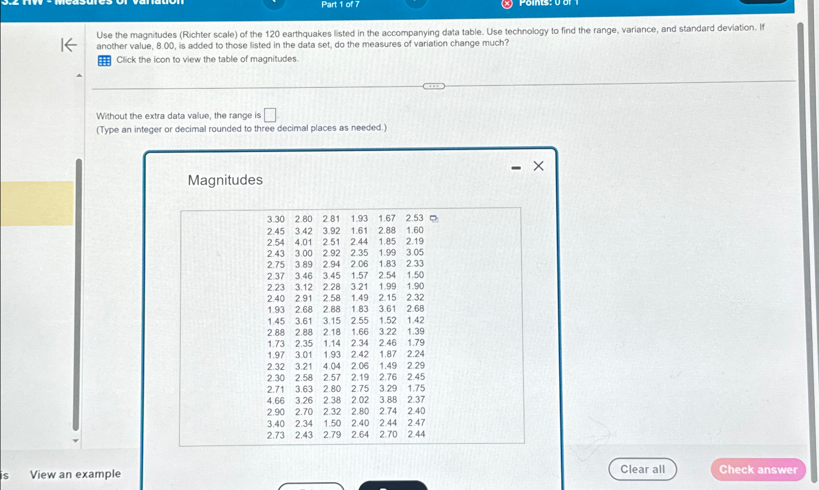 Solved Part 1 ﻿of 7Use the magnitudes (Richter scale) ﻿of | Chegg.com