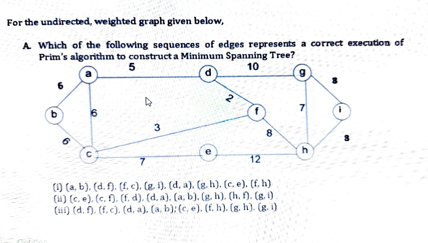 Solved For the undirected, weighted graph given below,A. | Chegg.com