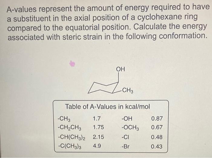 Solved A-values represent the amount of energy required to | Chegg.com