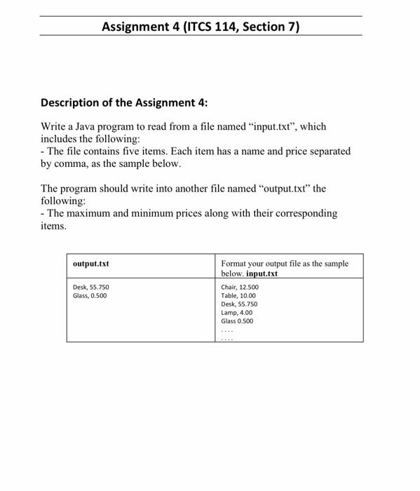 Solved Description of the Assignment 4: Write a Java program | Chegg.com