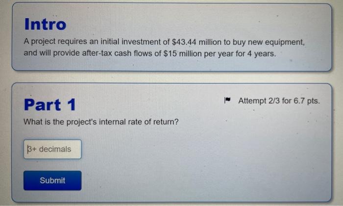 Solved Intro A project requires an initial investment of | Chegg.com