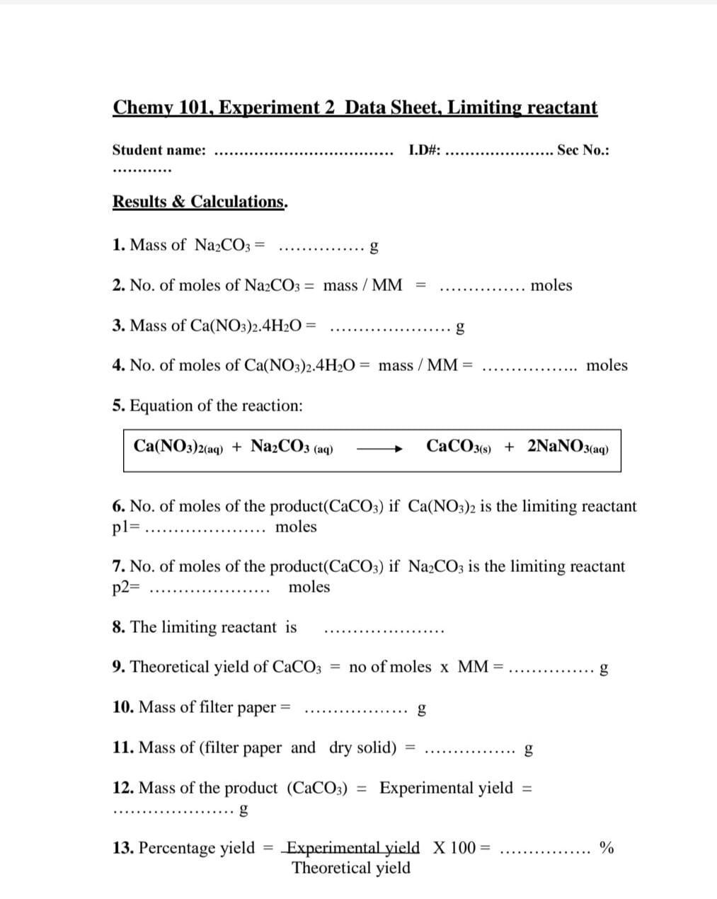 Solved Chemy 101, Experiment 2 Data Sheet, Limiting reactant | Chegg.com