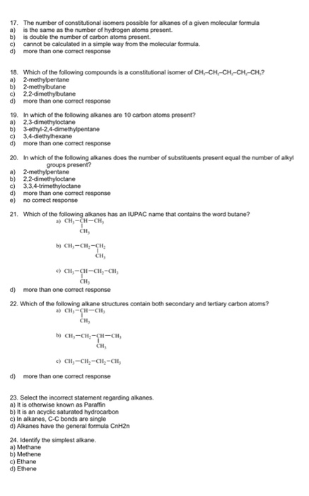 Solved 1. The general formula for alkanes is... A. CnH2n-2 | Chegg.com