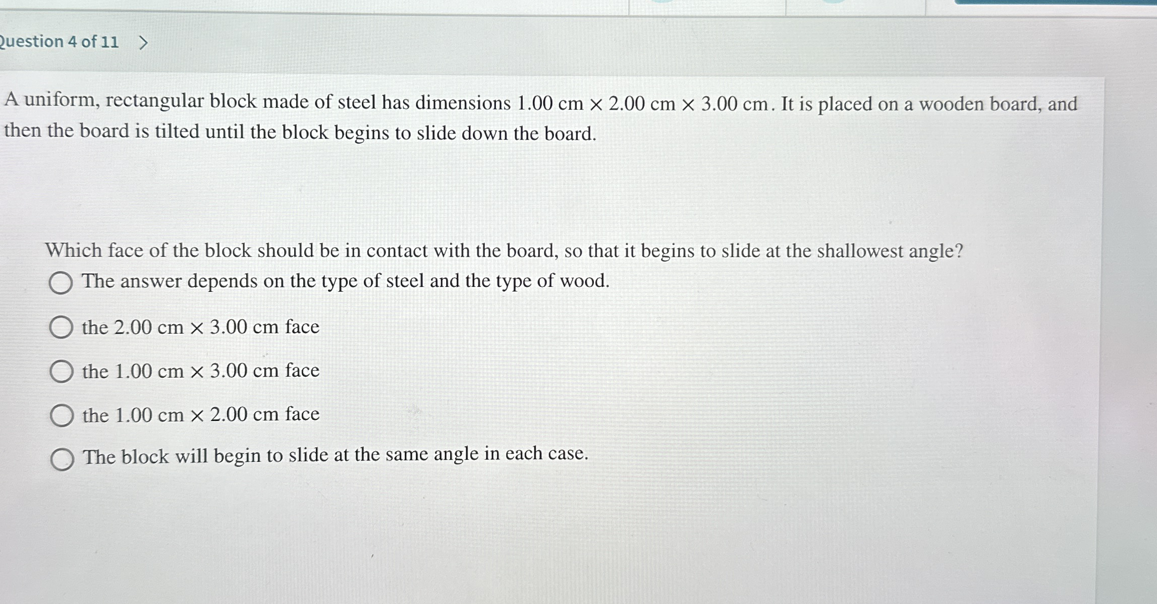 Solved 2uestion 4 ﻿of 11A uniform, rectangular block made of | Chegg.com