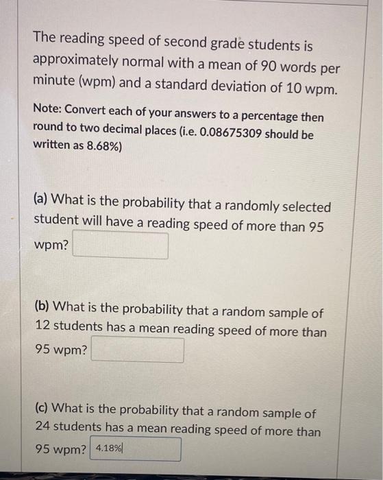 Solved The reading speed of second grade students is | Chegg.com