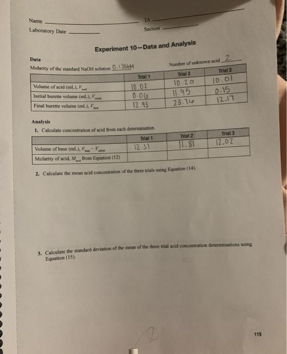Solved Name TA Section Laboratory Date Experiment 10-Data | Chegg.com