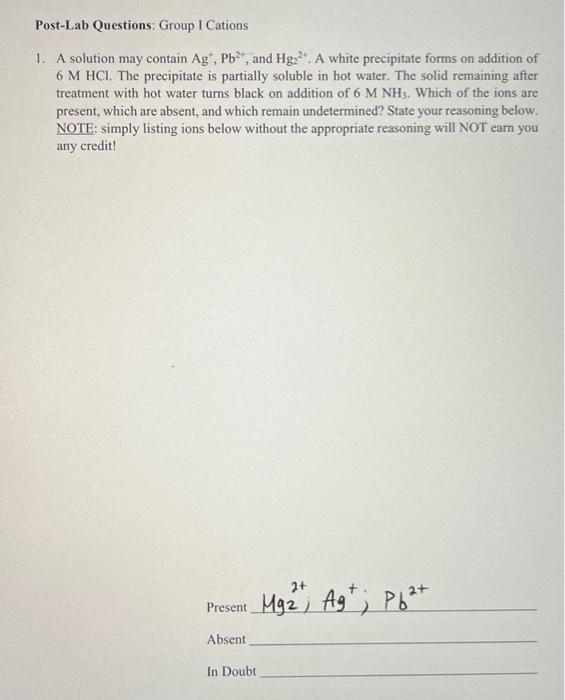 Solved Post-Lab Questions: Group I Cations 1. A solution may | Chegg.com