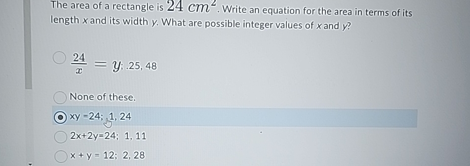 Solved The area of a rectangle is 24cm2. ﻿Write an equation | Chegg.com