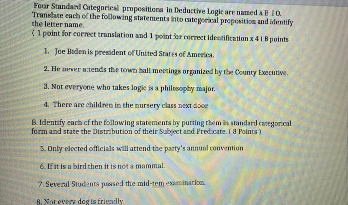 Four Standard Categorical propositions in Deductive | Chegg.com