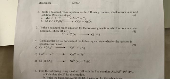 Solved Manganese MnO 2. Write a balanced redox equation for | Chegg.com