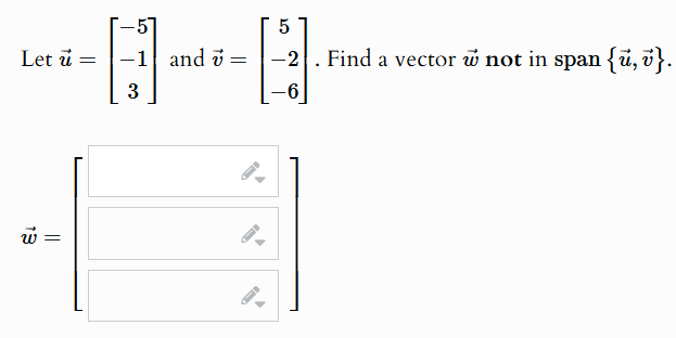 Solved Let vec(u)=[-5-13] ﻿and vec(v)=[5-2-6]. ﻿Find a | Chegg.com