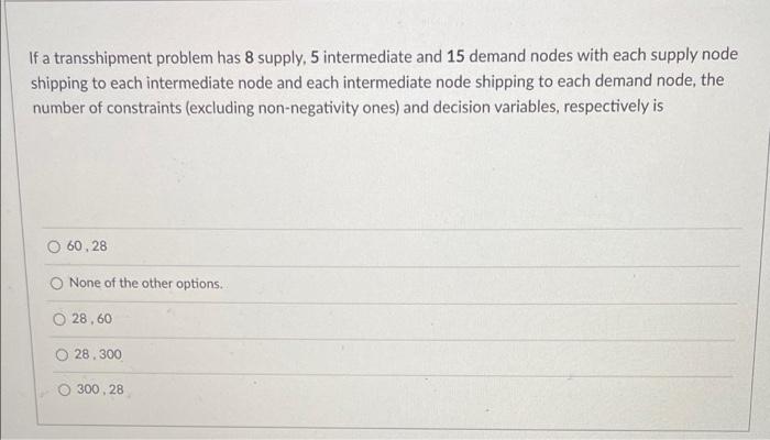 Solved If a transshipment problem has 8 supply, 5 | Chegg.com