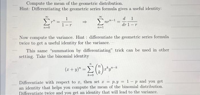 Solved Compute The Mean Of The Geometric Distribution Hint