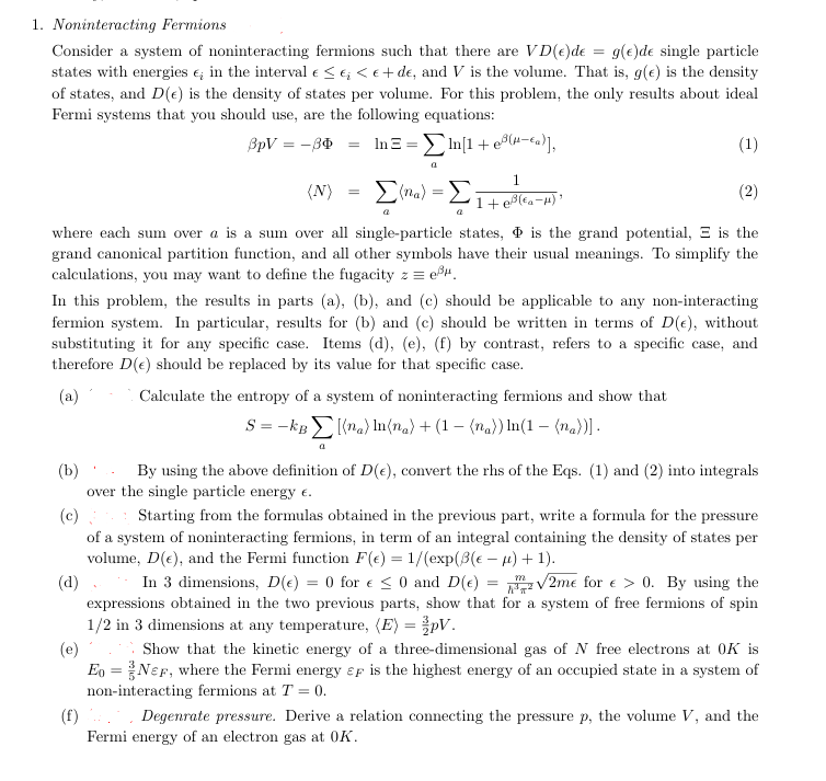 Solved Noninteracting FermionsConsider a system of | Chegg.com