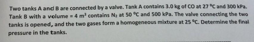 Solved Two tanks A and B are connected by a valve. Tank A | Chegg.com