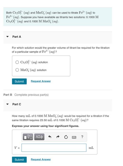 Solved Both Cr2O72−(aq) and MnO4−(aq) can be used to titrate | Chegg.com