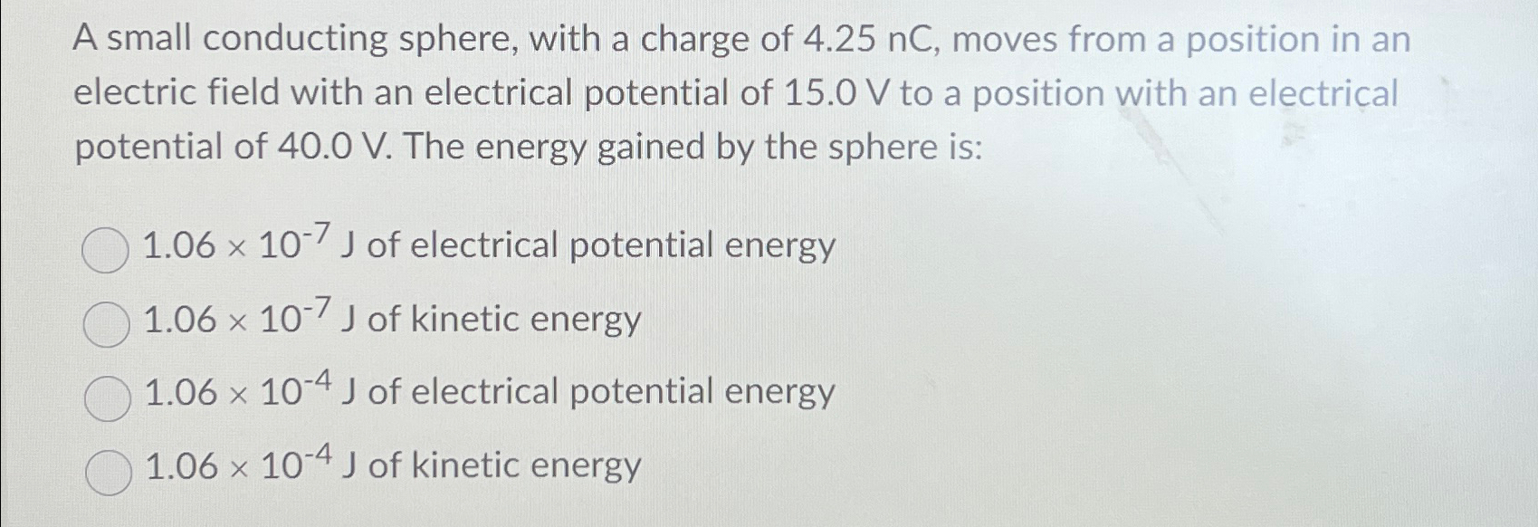 Solved A small conducting sphere, with a charge of 4.25nC, | Chegg.com