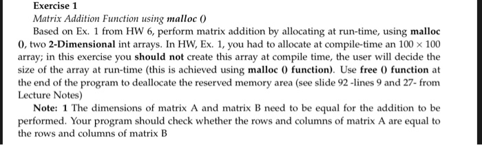 Solved Exercise 1 Matrix Addition Function Using Malloc 