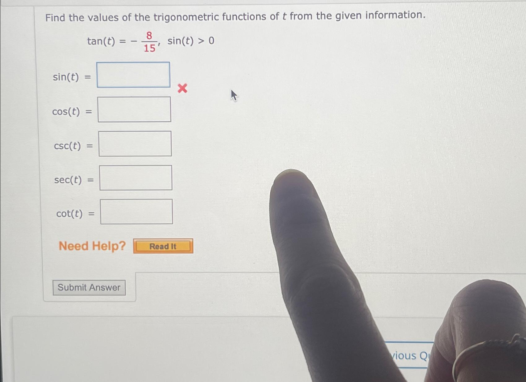 Solved Find the values of the trigonometric functions of t | Chegg.com