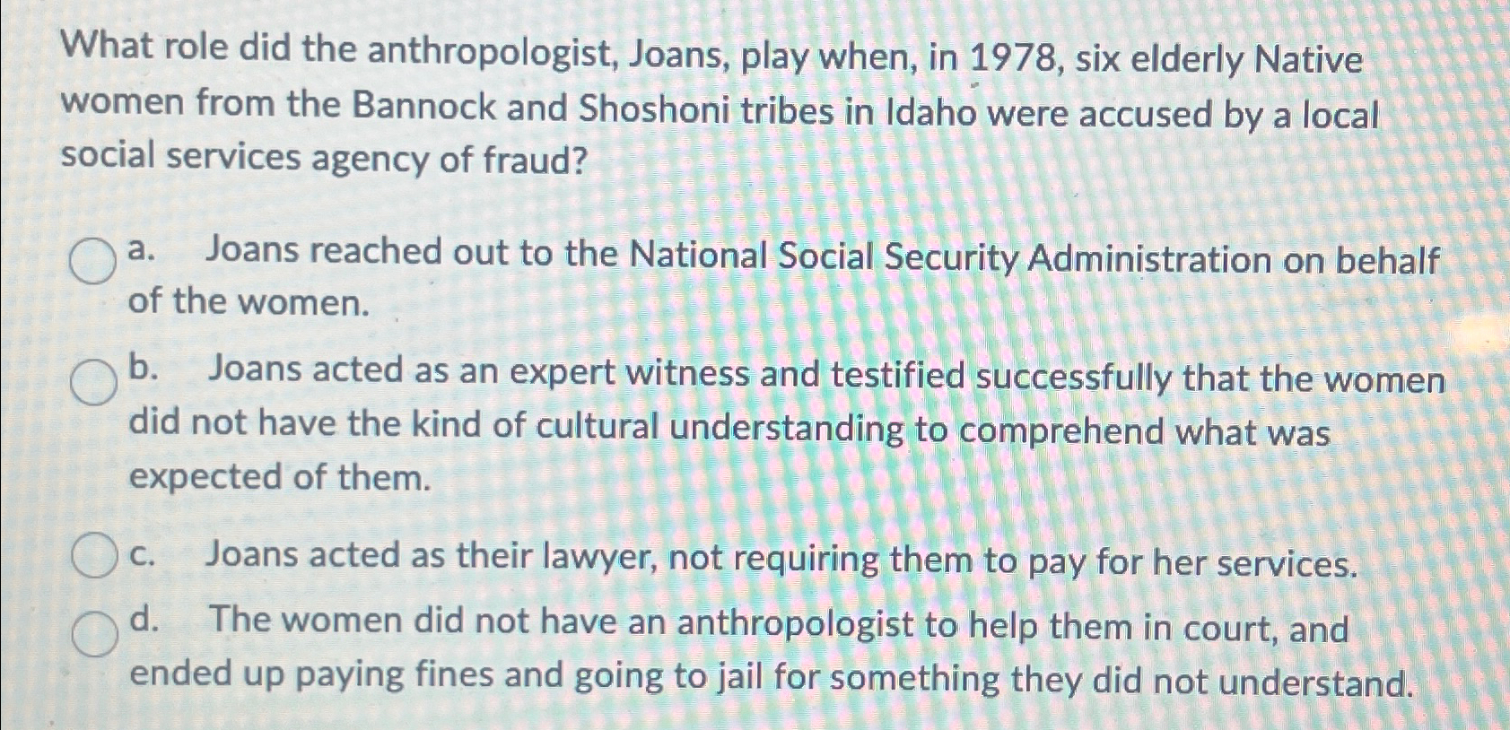 Solved What role did the anthropologist, Joans, play when, | Chegg.com