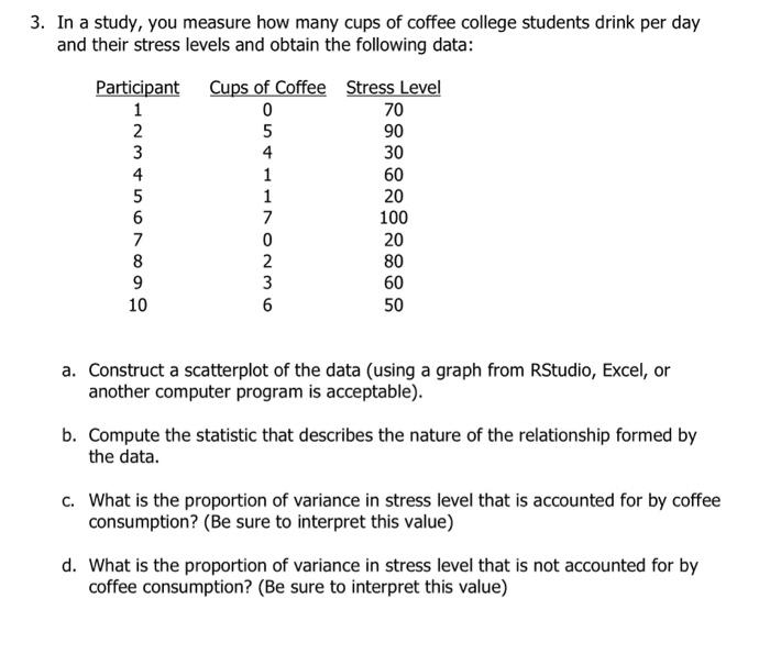 Solved 3. In a study, you measure how many cups of coffee | Chegg.com