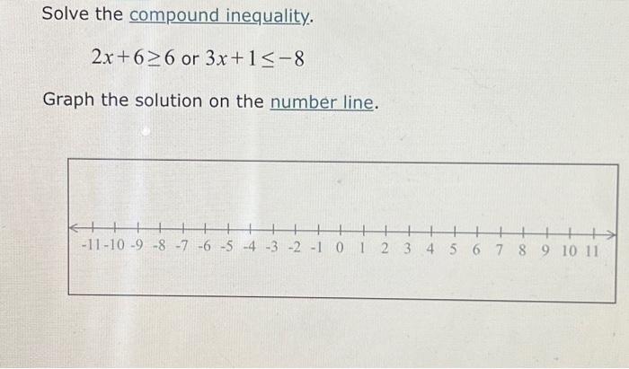 Solved Solve the compound inequality. 2x+6≥6 or 3x+1≤−8 | Chegg.com
