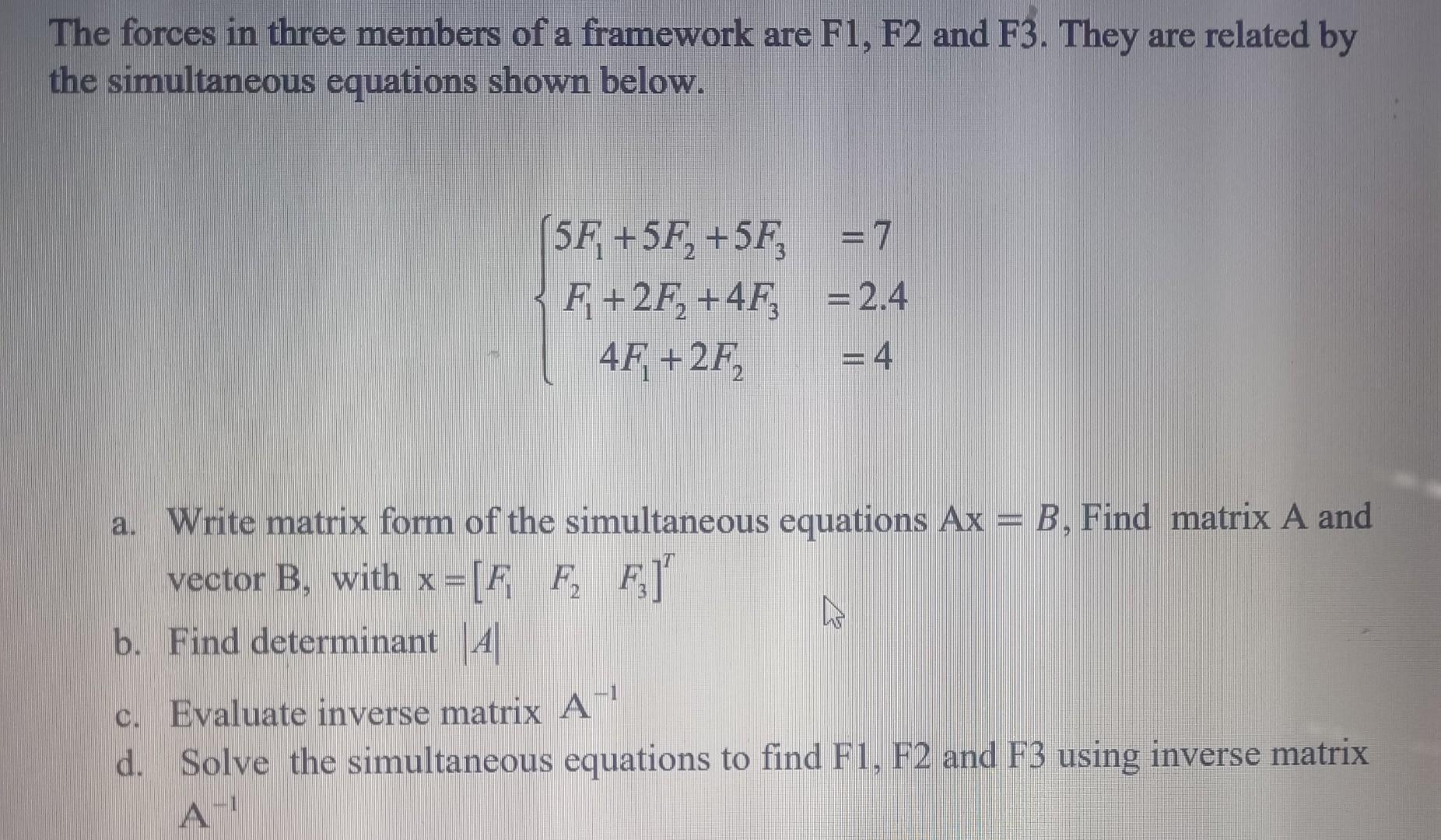Solved The forces in three members of a framework are F1, F2 | Chegg.com
