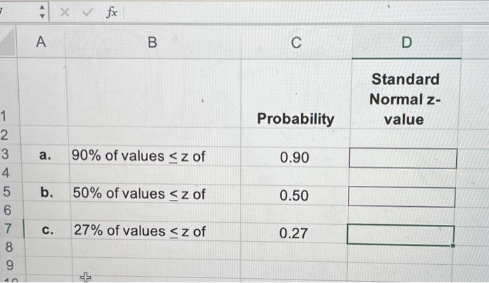 Solved A fx A B C D Standard Normal z- Probability value a. | Chegg.com