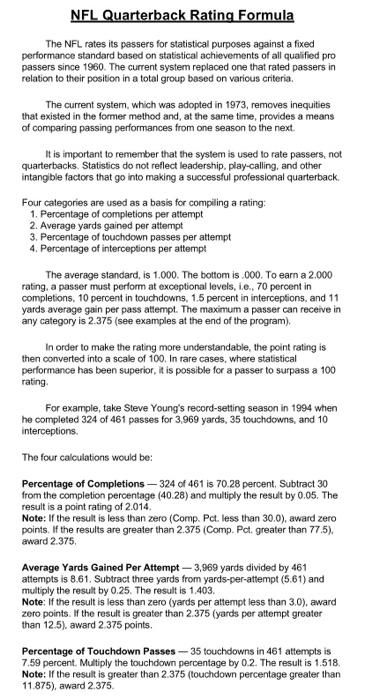 Solved NFL Quarterback Rating Formula The NFL rates its | Chegg.com