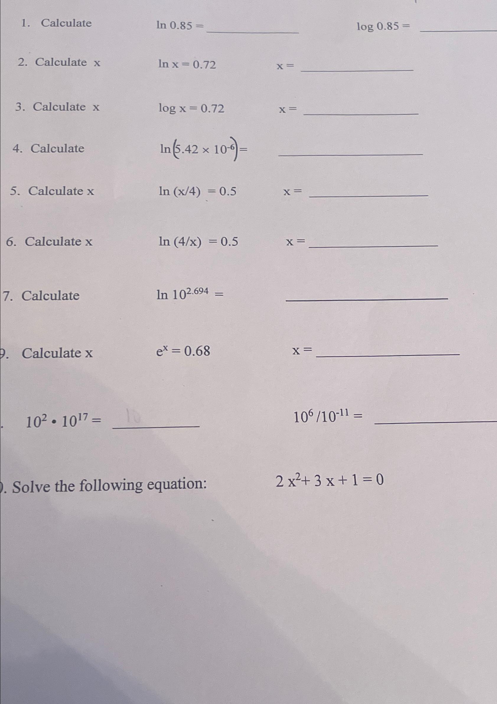 Solved Calculateln0.85=log0.85=Calculate | Chegg.com