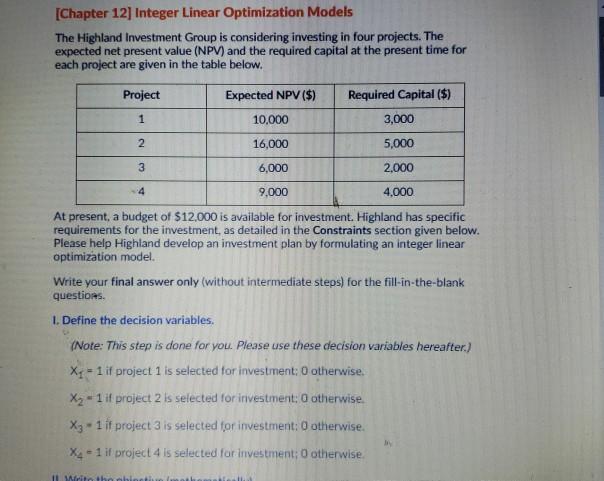 Solved [Chapter 12] Integer Linear Optimization Models The | Chegg.com