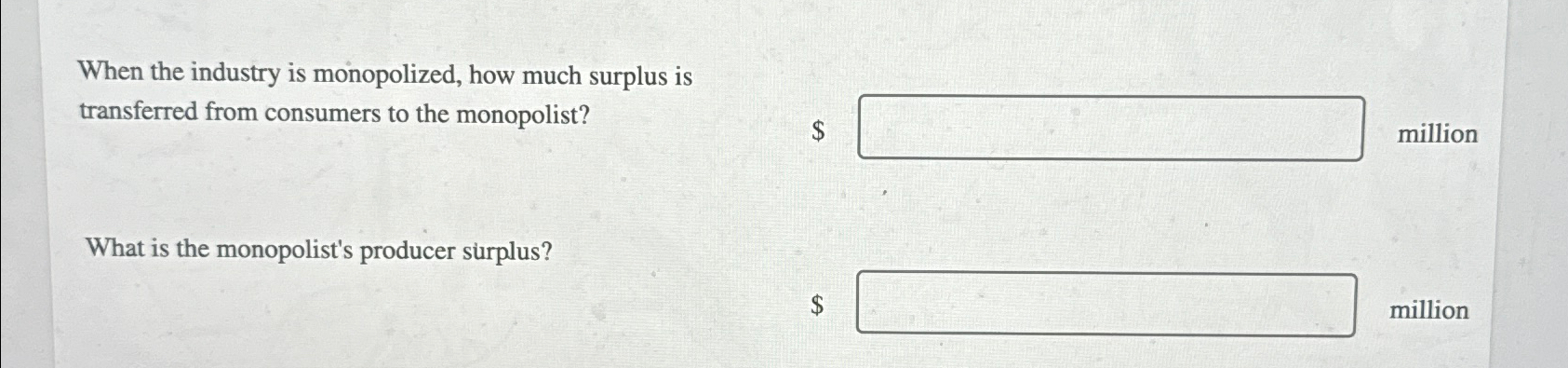 Solved When the industry is monopolized, how much surplus is | Chegg.com