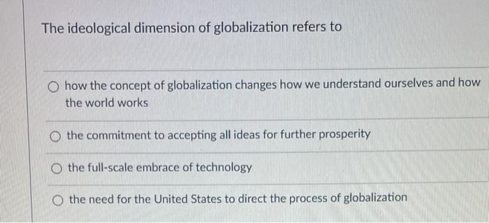 Solved The ideological dimension of globalization refers to | Chegg.com