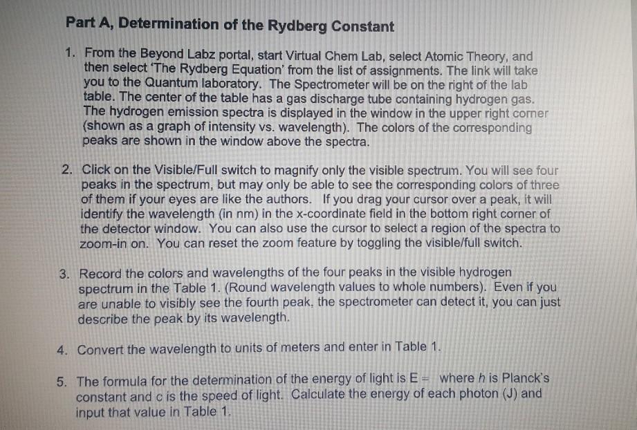 Solved Part A, Determination of the Rydberg Constant 1. From | Chegg.com