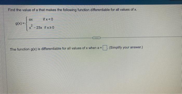 Solved Find the value of a that makes the following function | Chegg.com