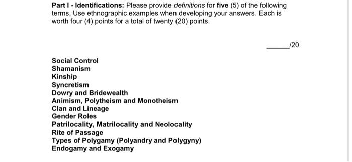 Part I - Identifications: Please provide definitions | Chegg.com
