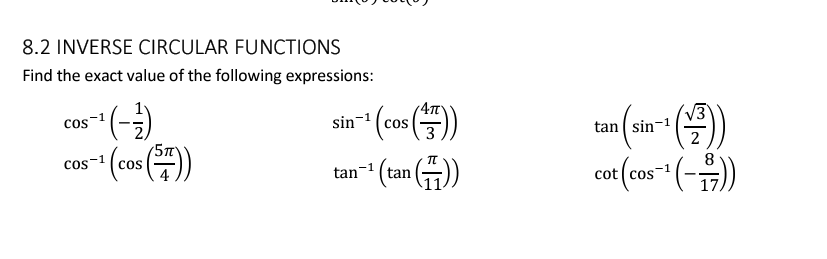 Solved 8.2 ﻿INVERSE CIRCULAR FUNCTIONSFind the exact value | Chegg.com