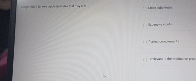 Solved A high MRTS for two inputs indicates that they | Chegg.com