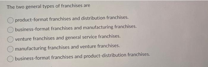 Solved The two general types of franchises are O | Chegg.com