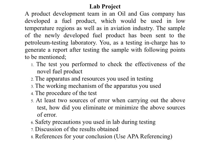 Lab Project A product development team in an Oil and | Chegg.com