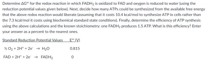 Solved Determine ΔG∘ for the redox reaction in which FADH2 | Chegg.com