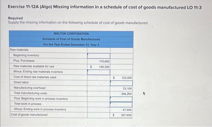 Solved Exercise 11-12A (Algo) Missing information in a | Chegg.com