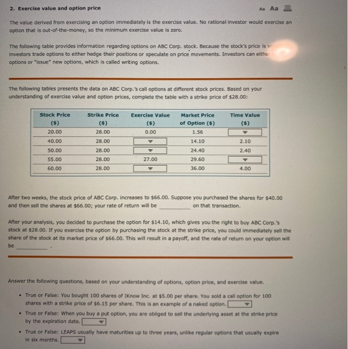 Solved 2. Exercise value and option price Aa Aa E The value | Chegg.com